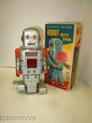 VINTAGE JAPAN YONEYA SY MECHANICAL WALKING ROBOT WITH SPARK SPACE TOY ...