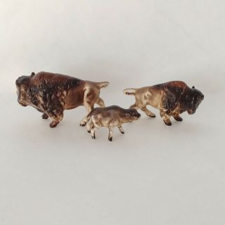 3 Vintage Bone China BISON BUFFALO FAMILY Japan Miniature Figurines ...