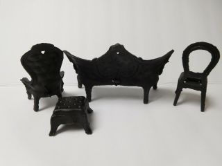 Vintage Miniature Cast Iron Couch Side Arm Chairs Ottoman Dollhouse ...
