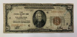 1929 $20 FEDERAL RESERVE BANK PHILADELPHIA NOTE CURRENCY CHOICE VF ...